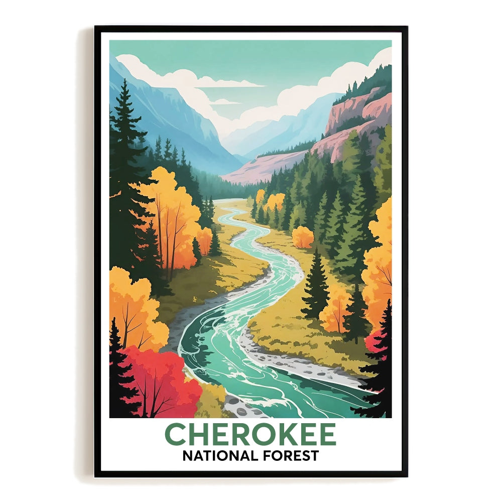 Cherokee National Forest Vintage Travel Poster Vibrant Autumn Souvenir ...